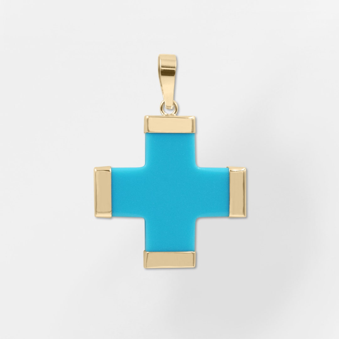 14K Yellow Solid Gold Turquoise Cross Pendant, Greek Cross Charm, Cross ...