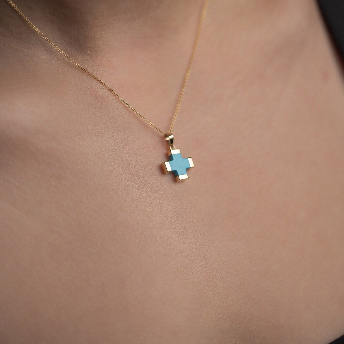 14K Yellow Solid Gold Turquoise Cross Pendant, Greek Cross Charm, Cross ...
