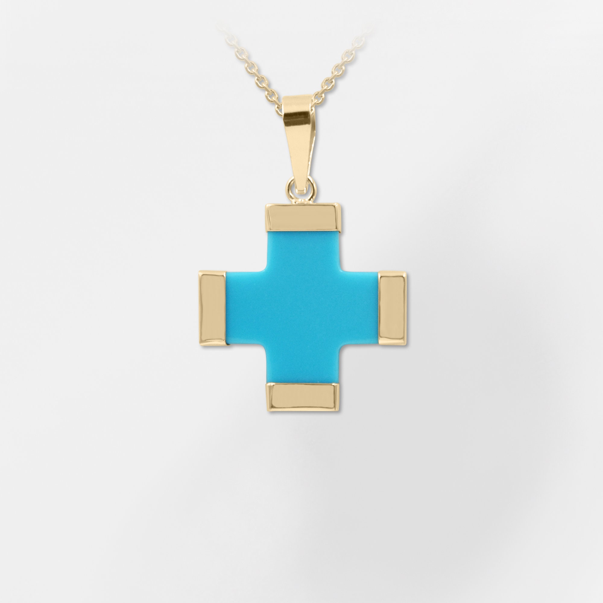 14K Yellow Solid Gold Turquoise Cross Pendant, Greek Cross Charm, Cross ...