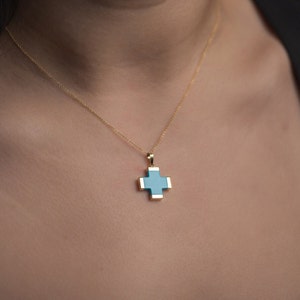 14K Solid Gold Turquoise Cross Necklace 12mm X 12mm, Handcrafted Greek ...