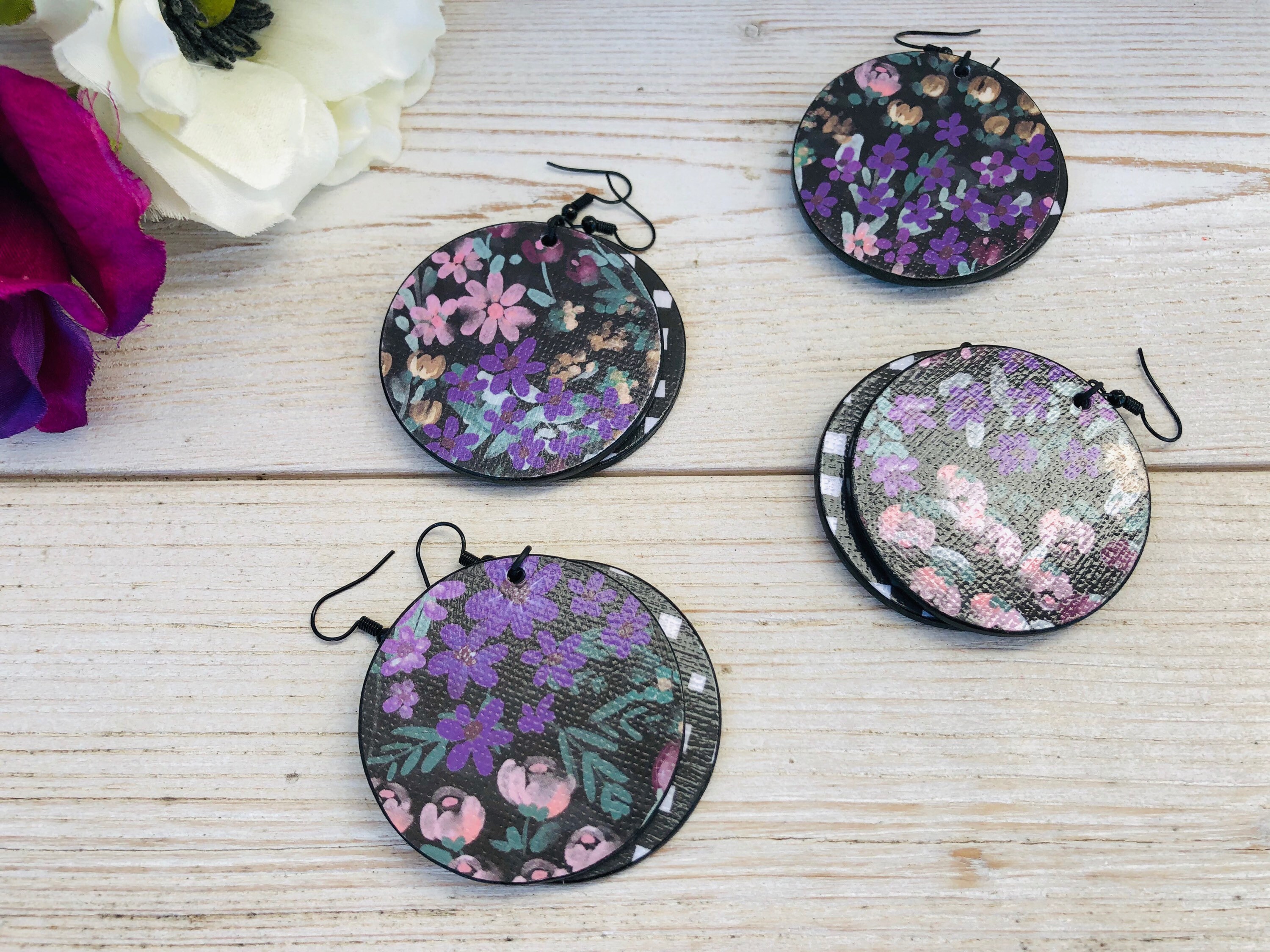 Handmade wooden round floral pattern decoupage earrings | Etsy