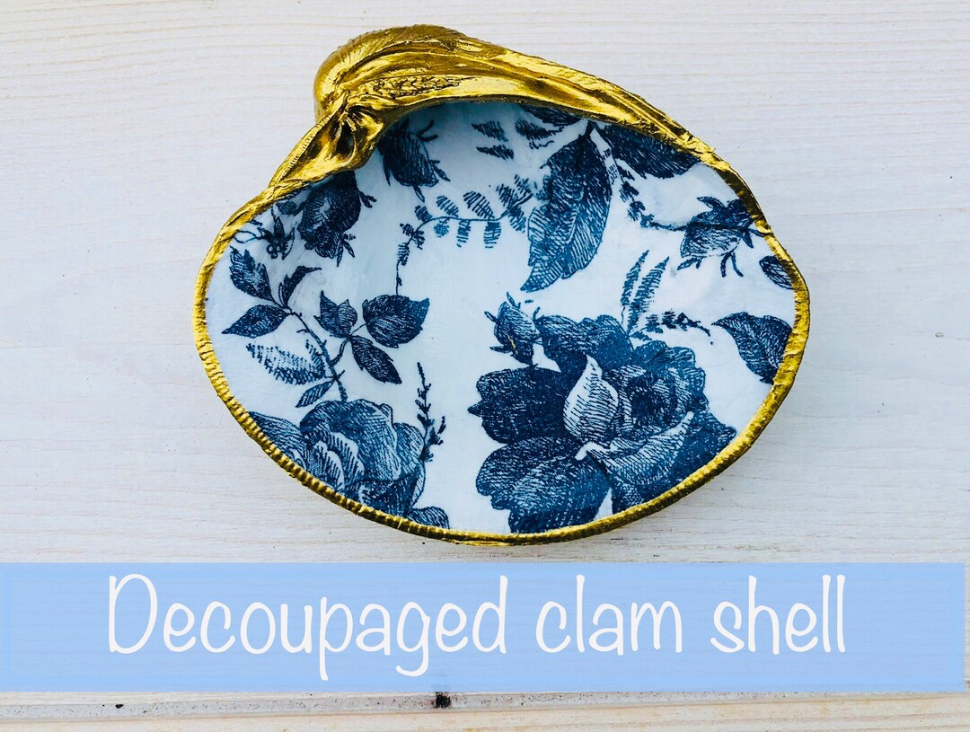 Beautiful Decoupaged Clam Shell With Blue Rose Pattern and Hand Painted ...