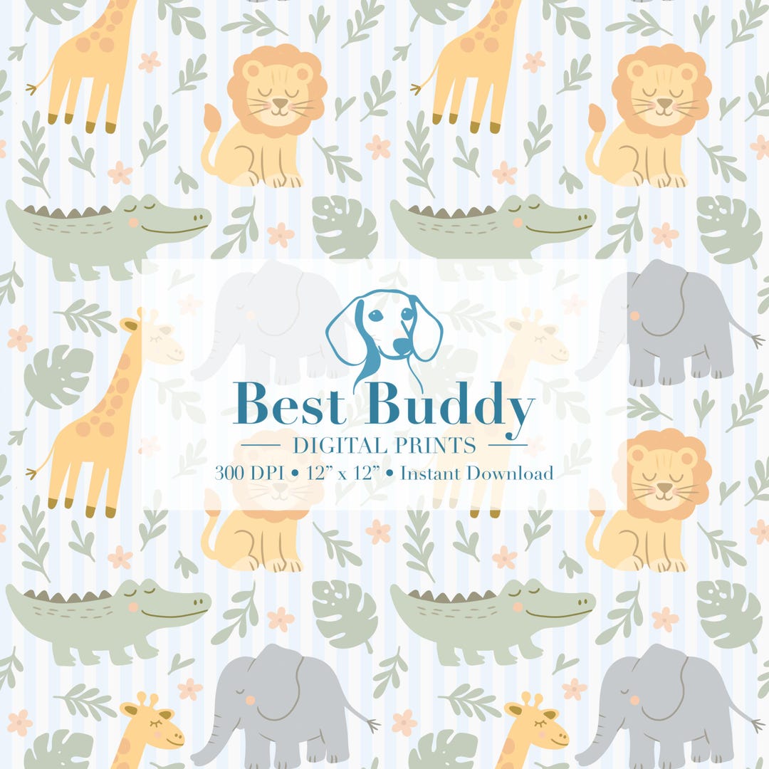 Zoo Animals Blue Stripe Seamless Pattern Hand-drawn PNG Download ...