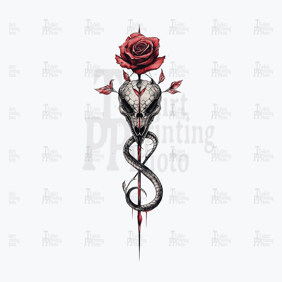 Dark Floral Skull Art Red Rose Snake Tattoo Style Print Art Prints Wall ...