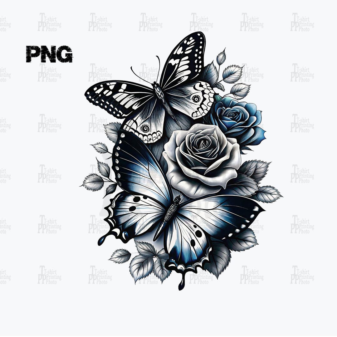 Butterfly Tattoo Design: Gothic Blue Roses (SVG, PNG) - Etsy