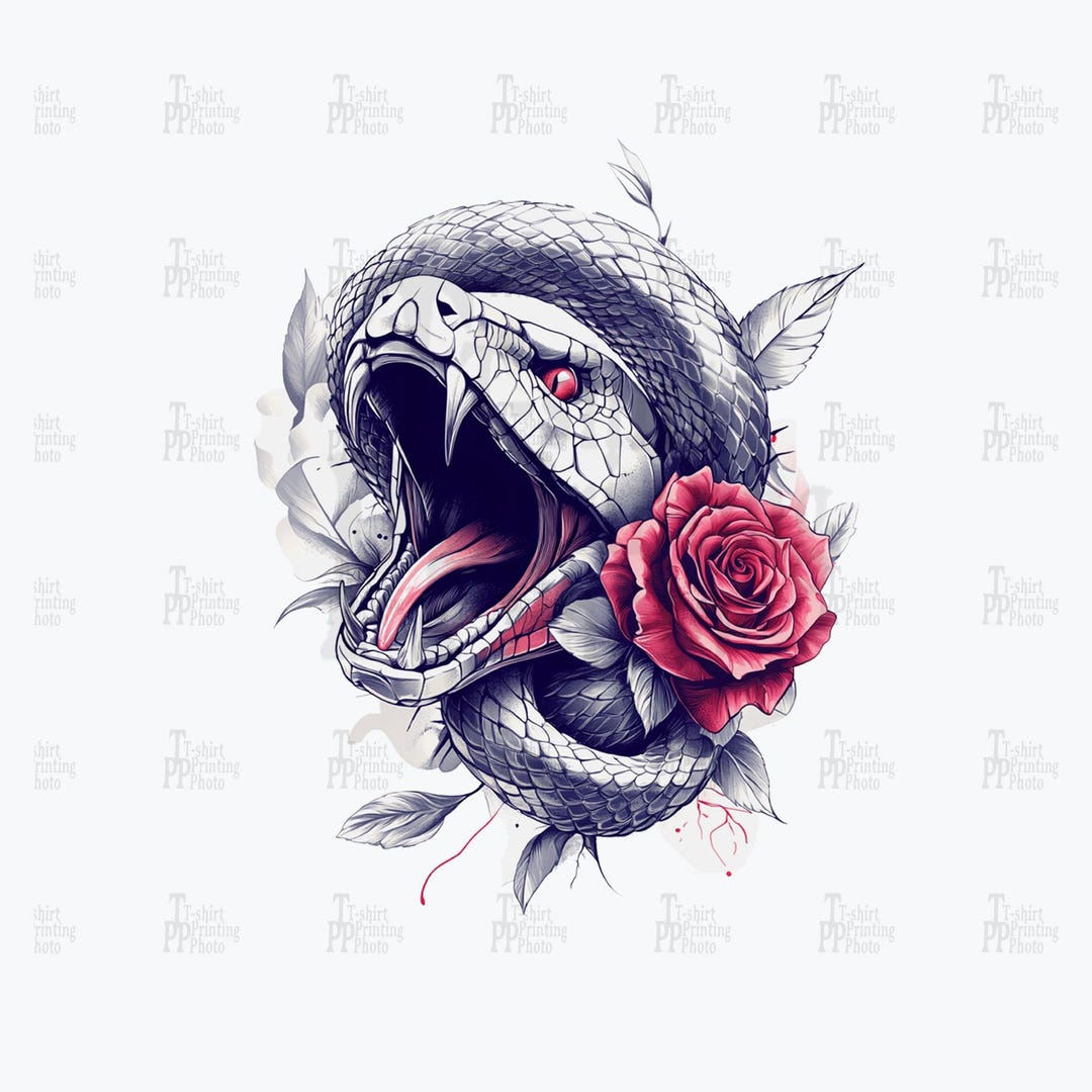 Red Rose & Snake Tattoo Snake Artwork Style Digital Art Prints Wall Art ...