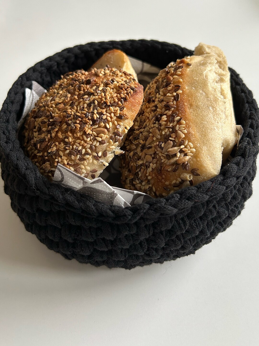 Useful Crocheted Bread Basket: Crocheted Bread Basket in Soft Ribbon ...