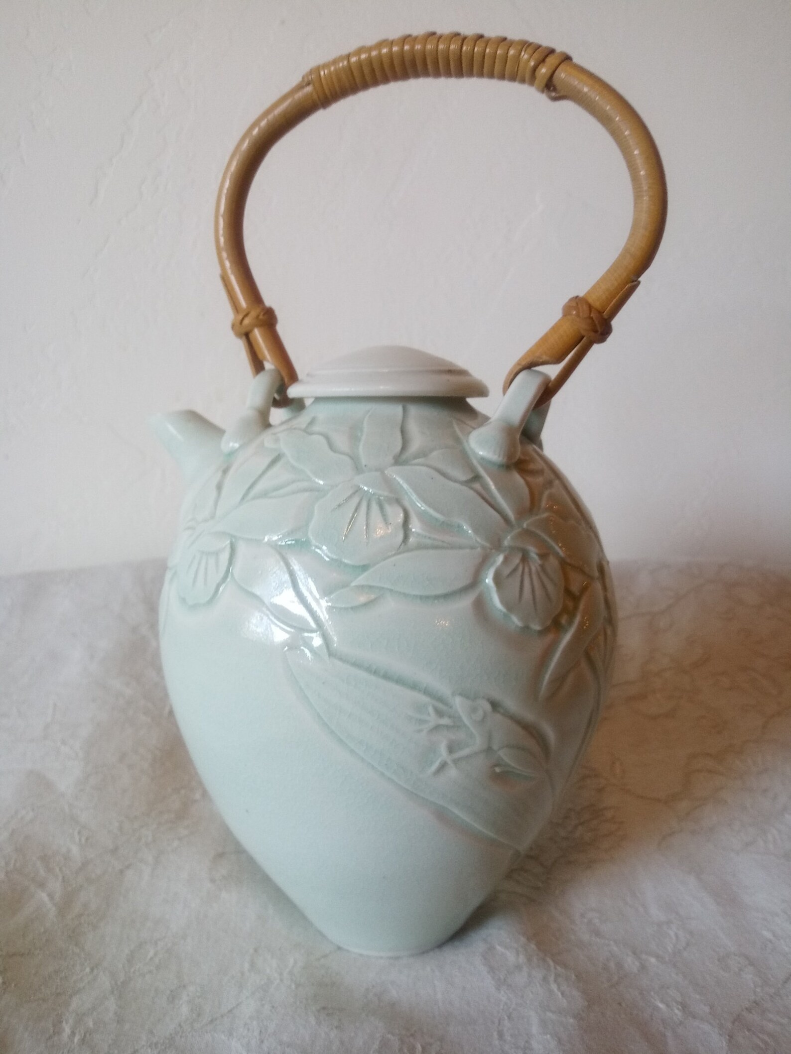 Pretty Sage Green Teapot With Floral Relief and Bamboo Handle - Etsy
