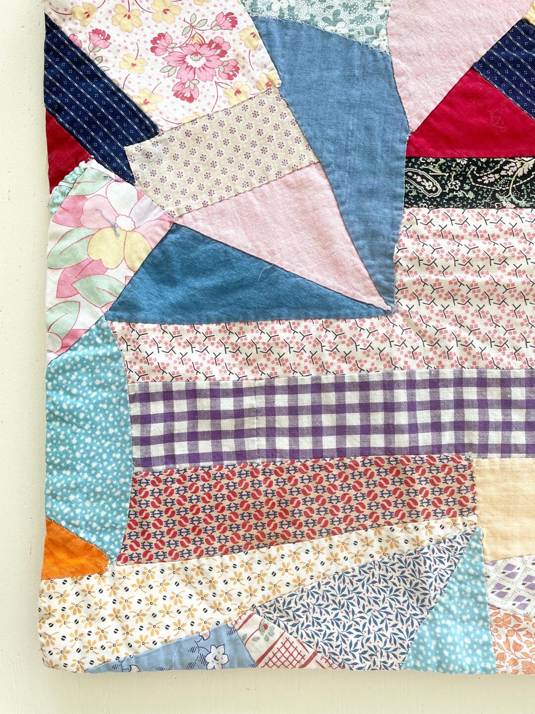 Antique Scrappy Quilt Piece/tablecloth With Old Fabric, Primitive ...