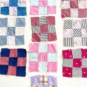 40 Vintage Nine Patch Scrappy Quilt Squares Blocks, Primitive, Rework, Old Fabric, Hand Stitched ...