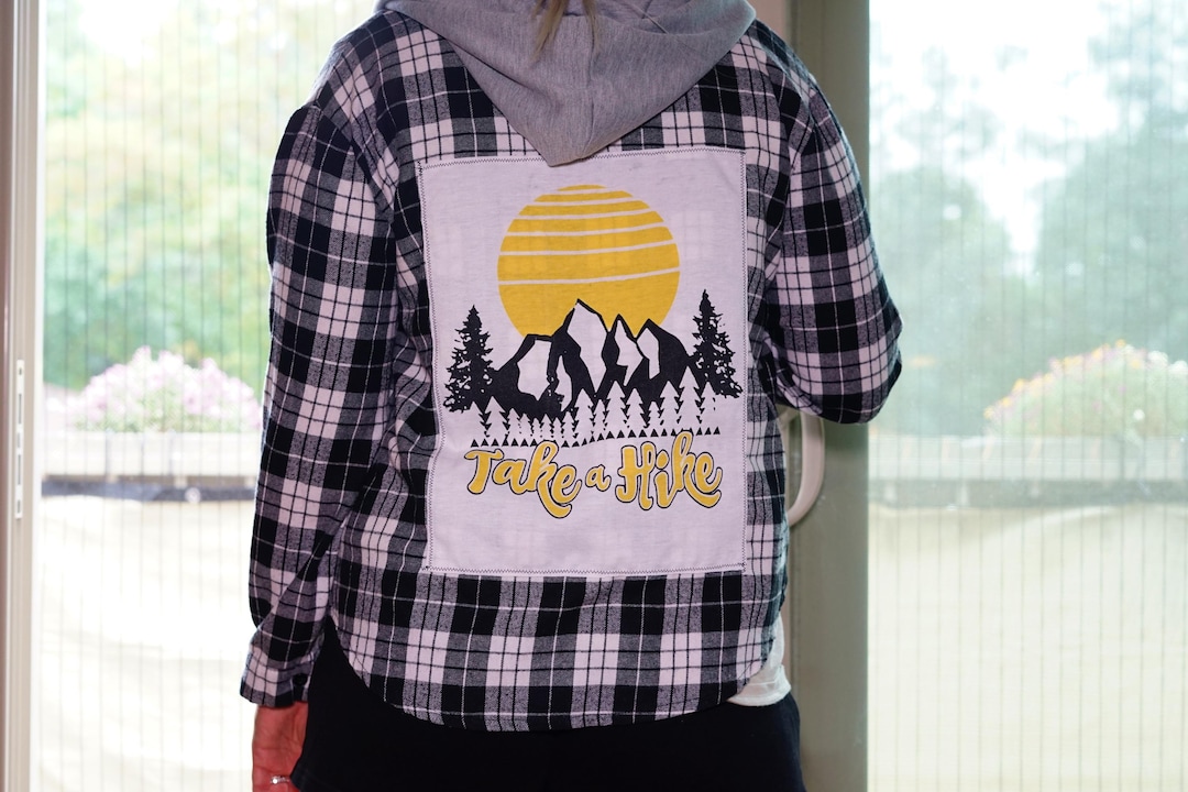 Custom Upcycled Back Patch Flannel - Take A Hike Patch Hoodie Flannel ...