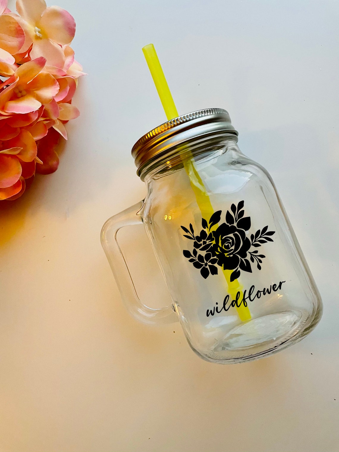 Floral Glass Mason Jar Mug Coffee Glass Coffee Glass Mason Etsy
