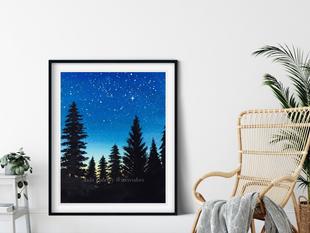 Starry Night, Night Sky Print, Night Scene, Watercolor Print, Star ...