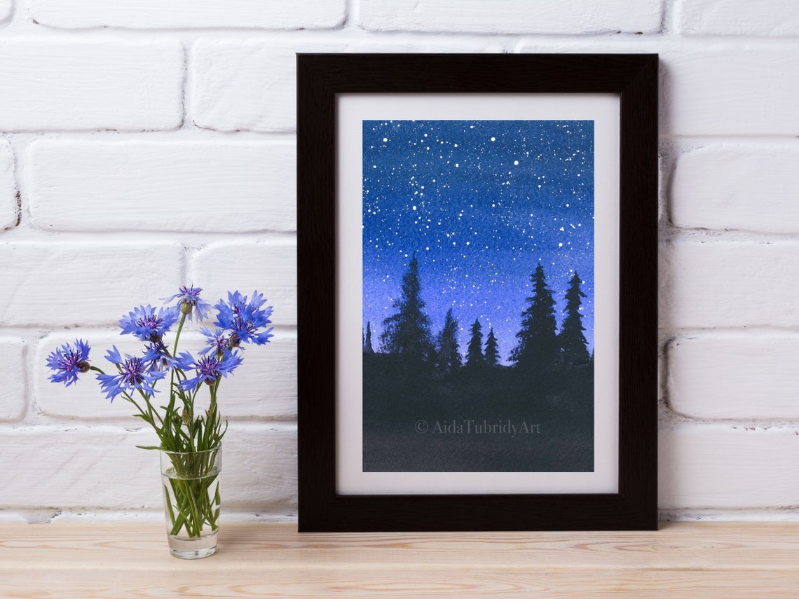 Starry Blue Night Painting Print From Original Watercolor - Etsy