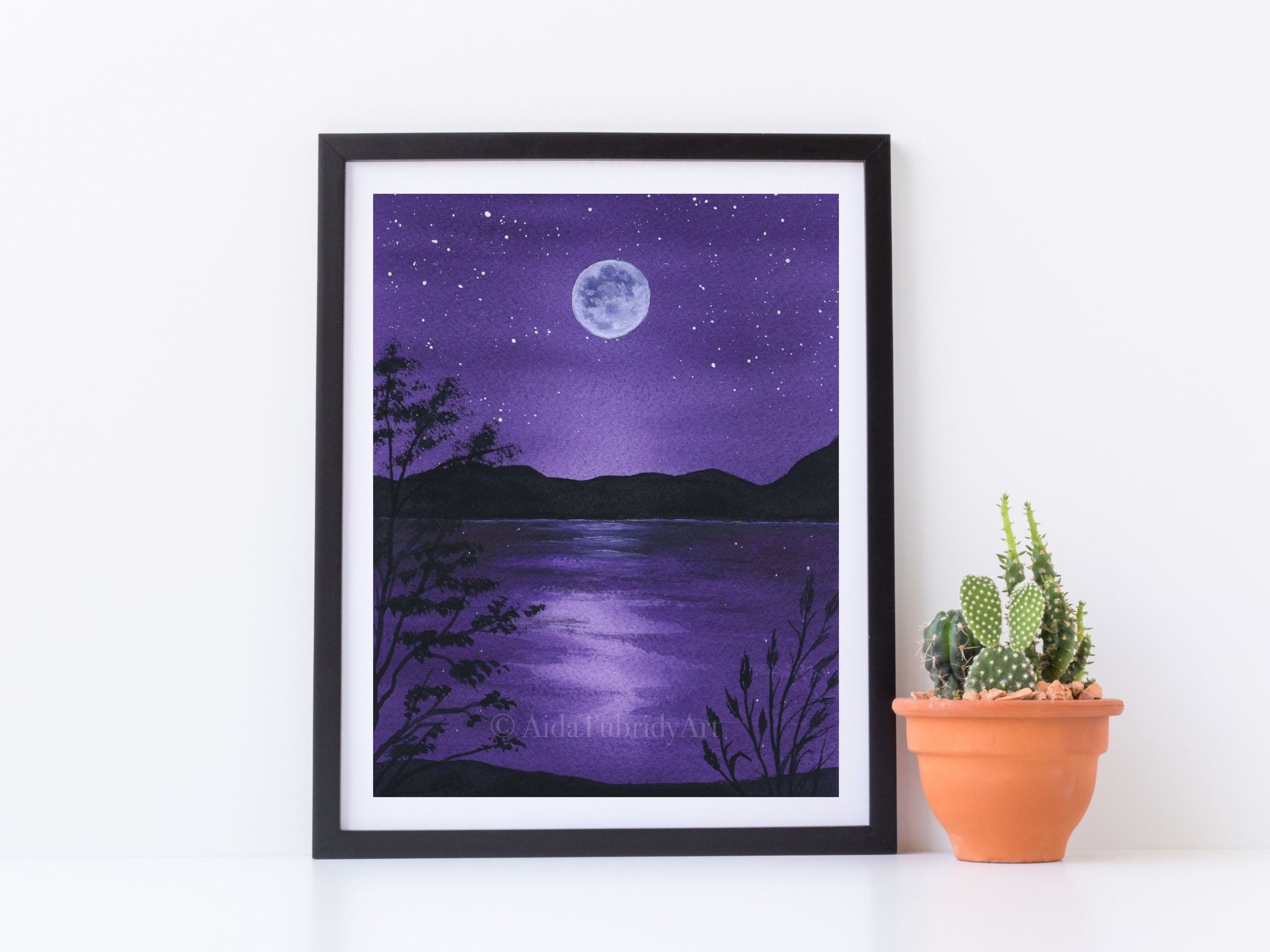 Purple Night With Moon, Night Scene Painting, Print From Original - Etsy