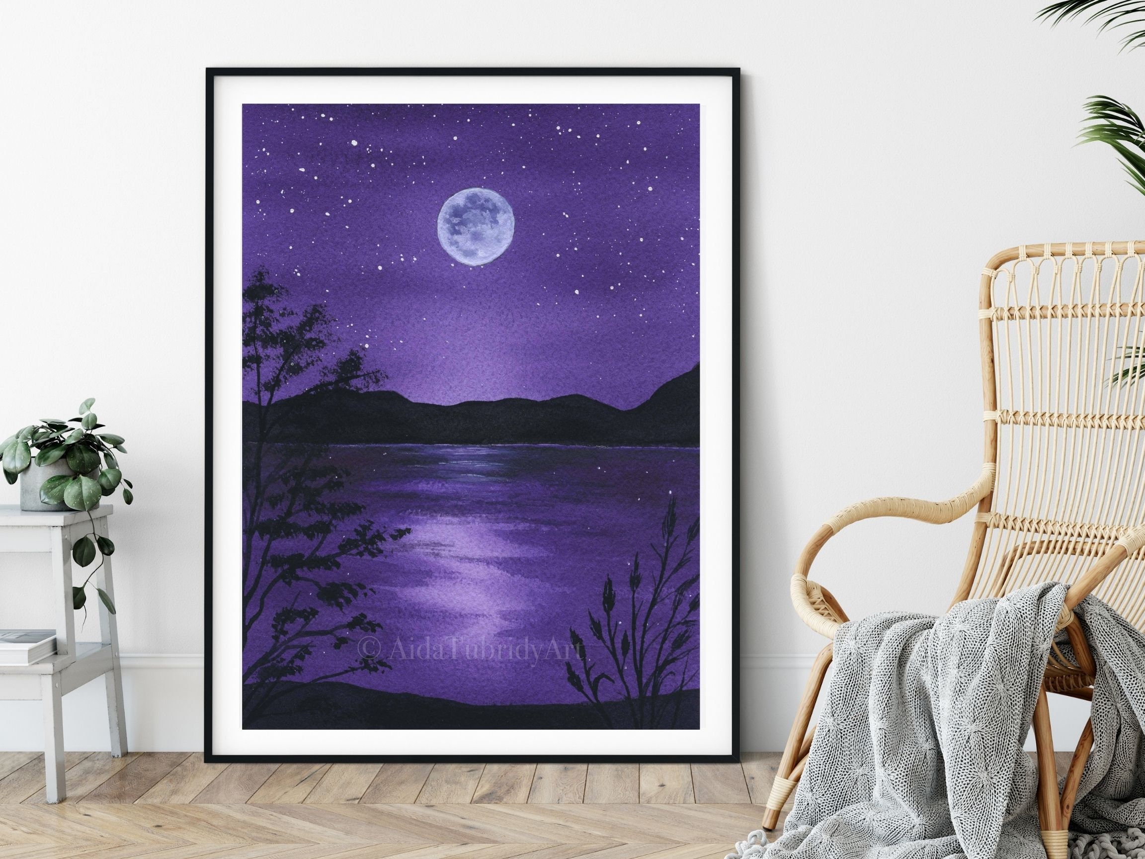 Purple Night With Moon Night Scene Painting Print From | Etsy