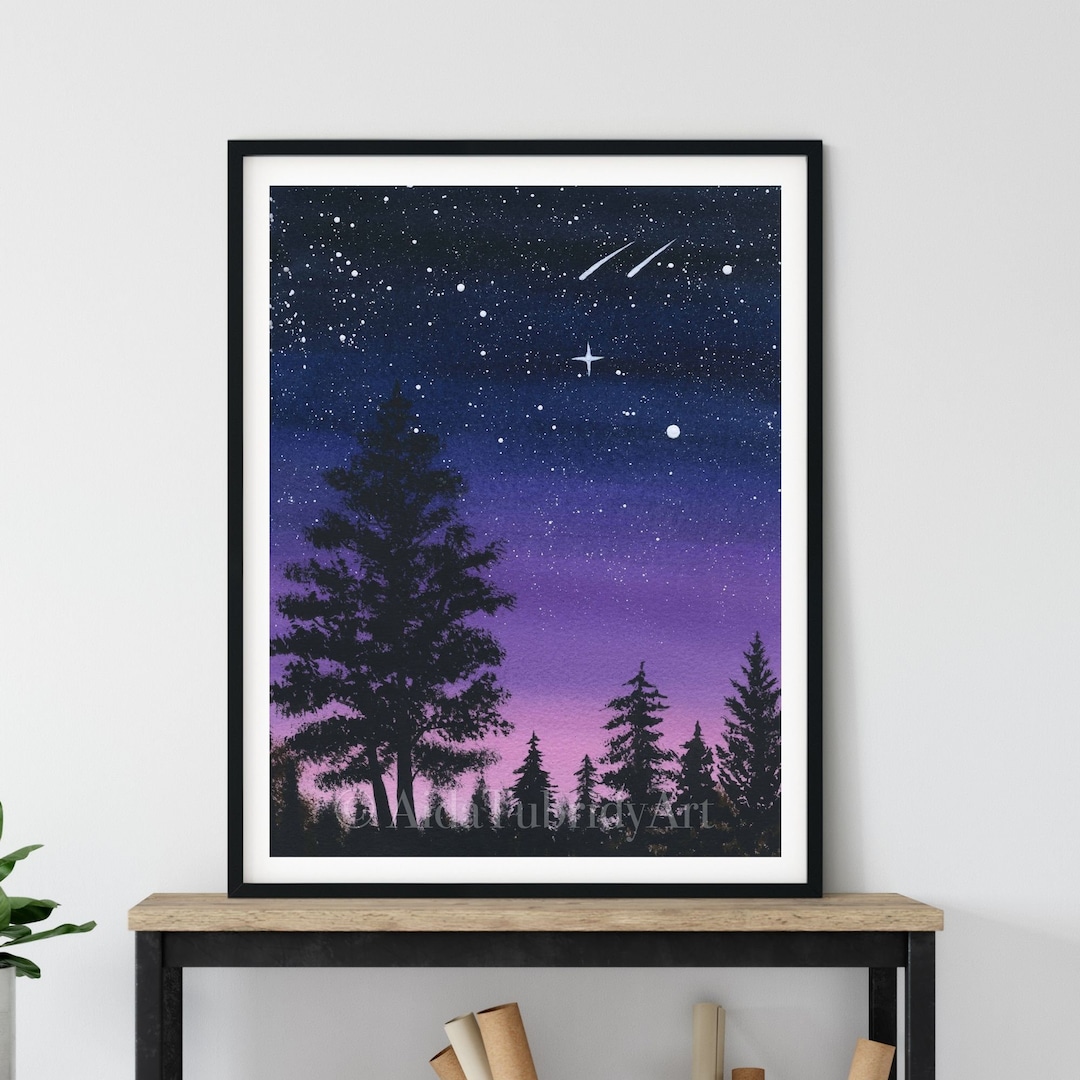 Shooting Star Painting in Watercolor, 16x20 Purple Night, Print From ...