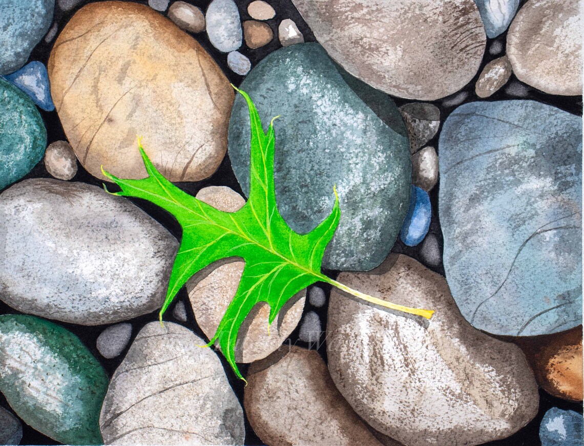 Leaf on Rocks Watercolor Print Realistic Rocks Painting | Etsy