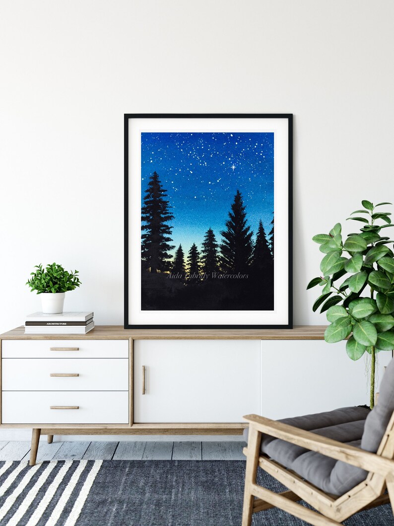 Starry Night Night sky Print Night scene watercolor print | Etsy