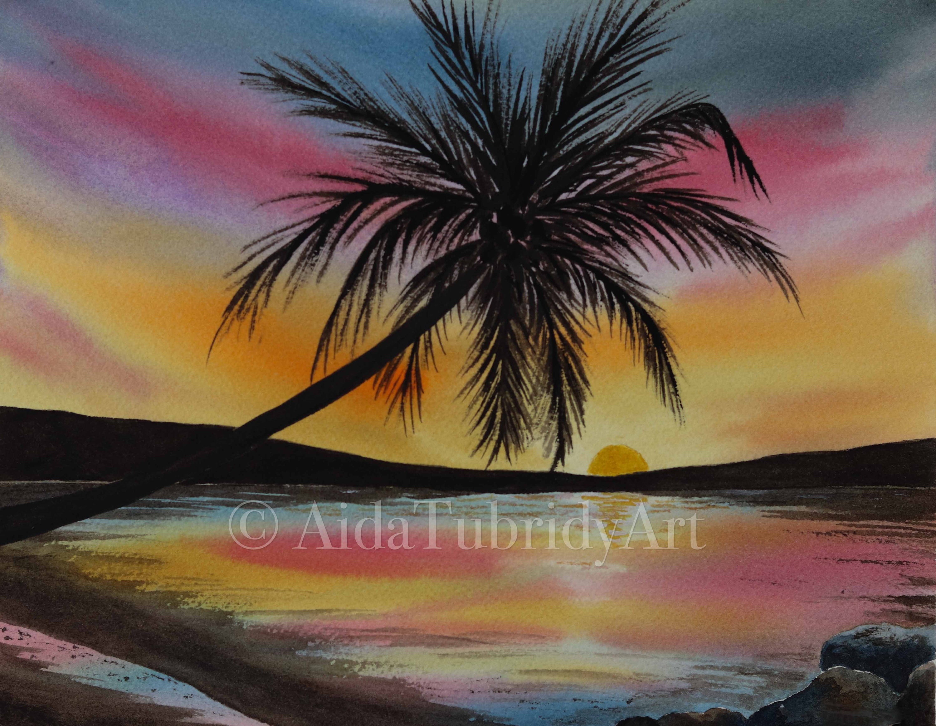 Tropical Sunset Painting Print from Original Watercolor | Etsy