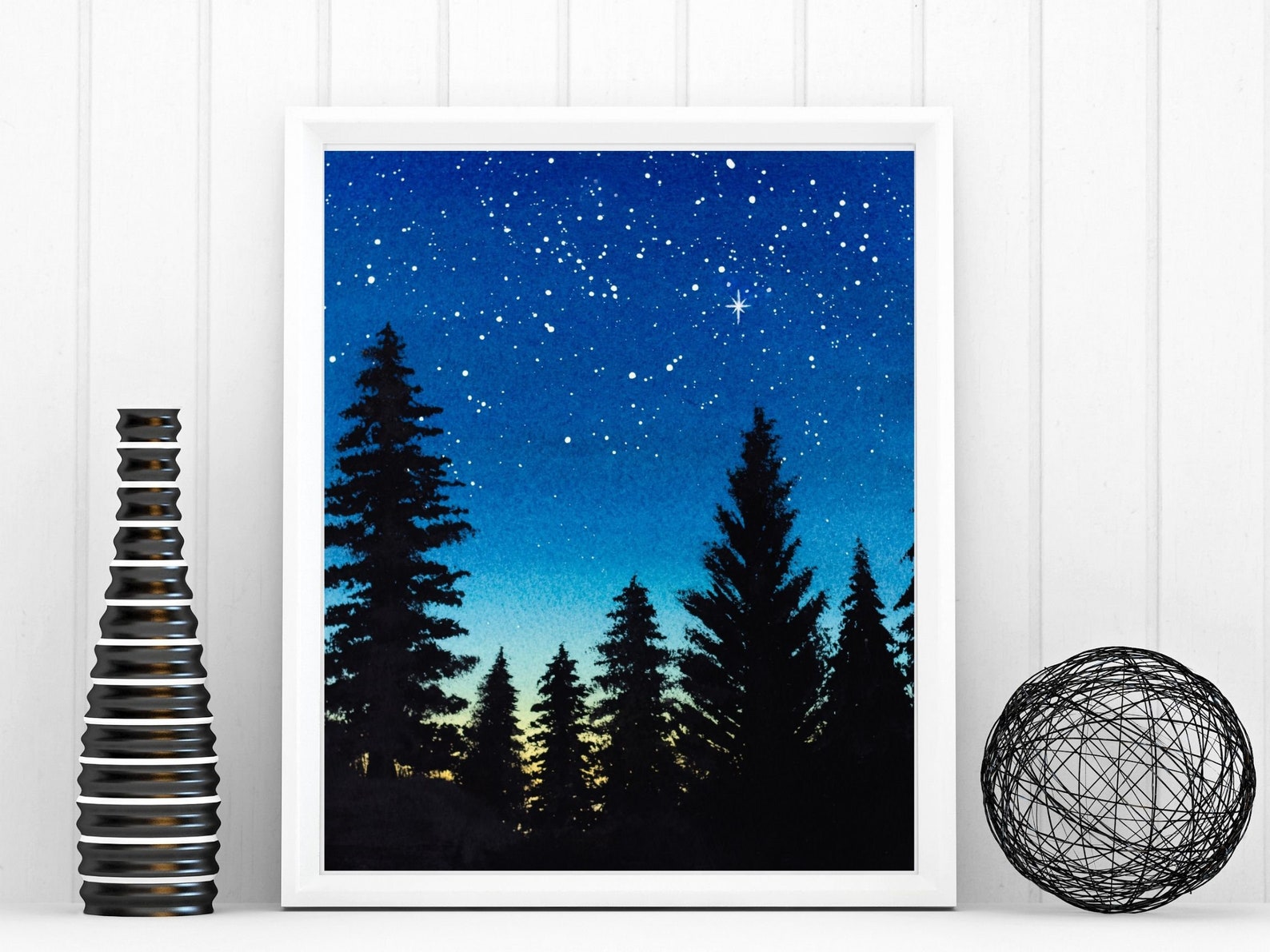 Starry Night Night sky Print Night scene watercolor print | Etsy