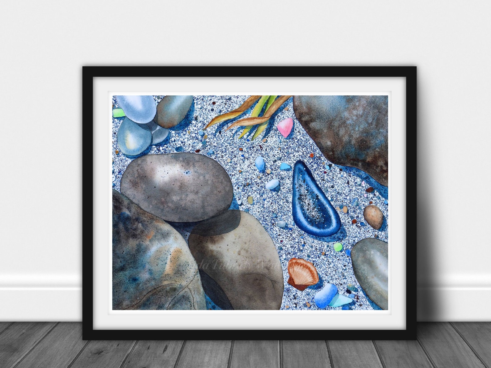Rocks, Sea Shells, Sands in Watercolor Print, Realistic Rocks Painting ...