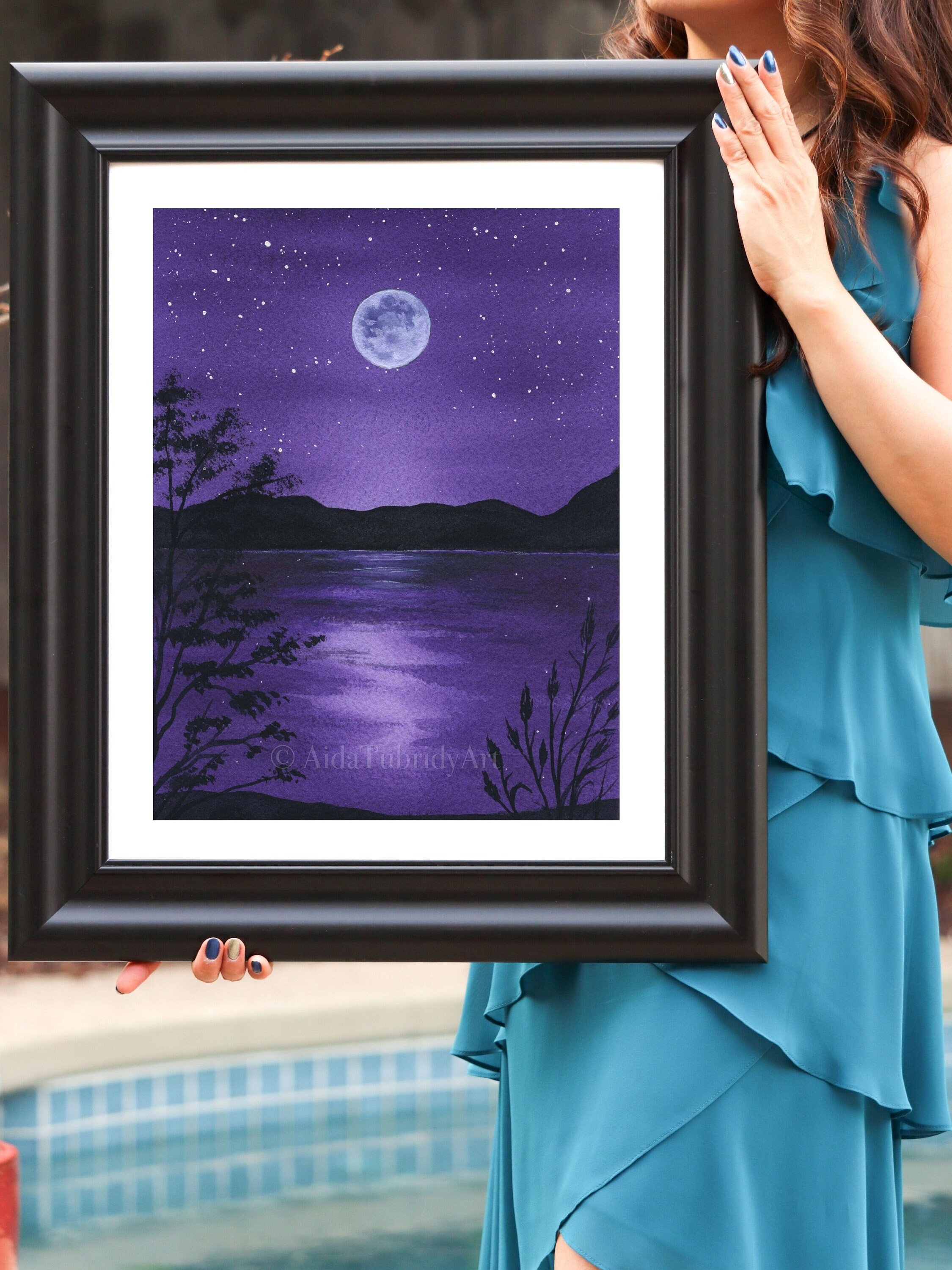Purple Night With Moon Night Scene Painting Print From | Etsy