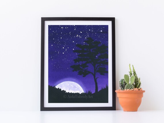 Purple Night Painting Watercolor Painting Print from | Etsy