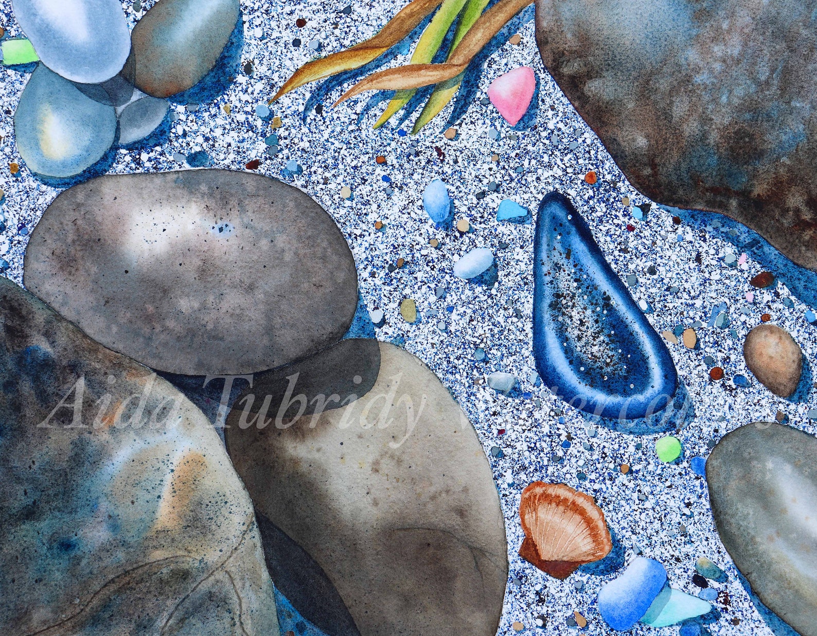 Rocks, Sea Shells, Sands in Watercolor Print, Realistic Rocks Painting ...