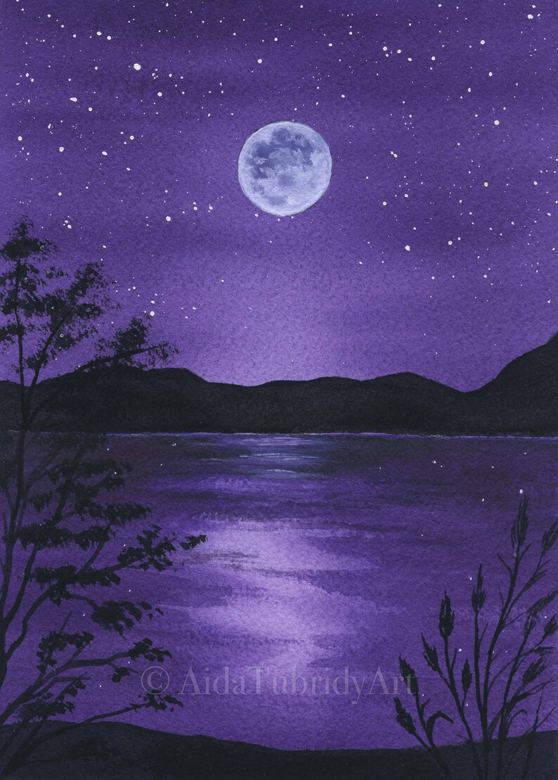 Purple Night With Moon, Night Scene Painting, Print From Original - Etsy