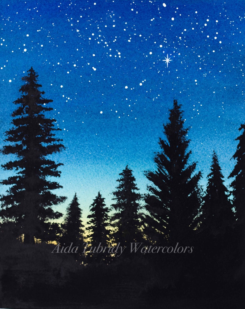 Starry Night Night sky Print Night scene watercolor print | Etsy