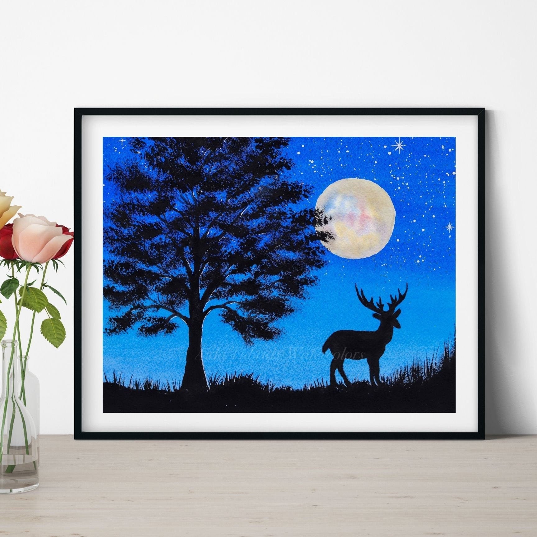 Deer at Night Painting, Print From Original Painting, Night Scene Print ...