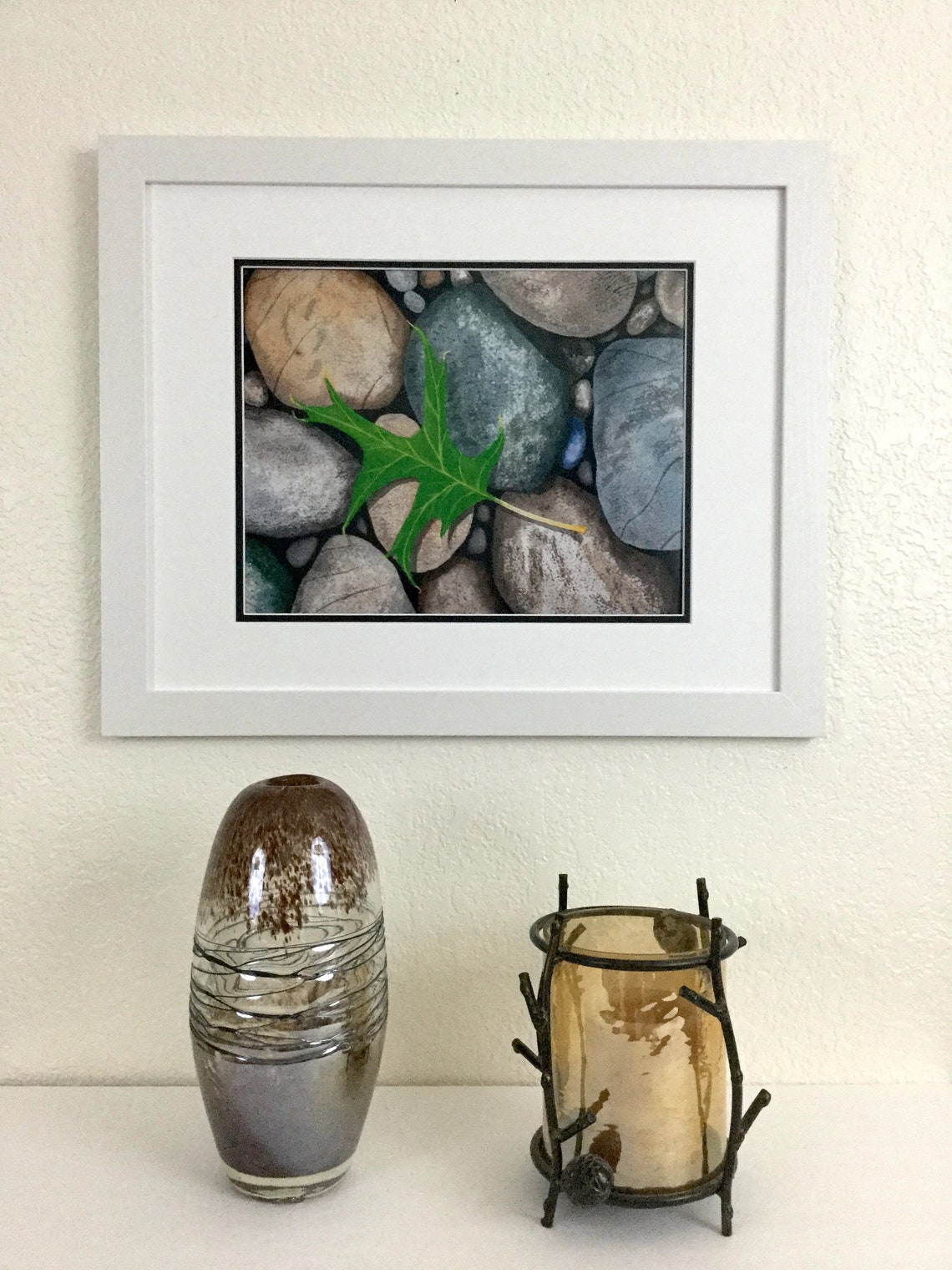 Leaf on Rocks Watercolor Print Realistic Rocks Painting | Etsy