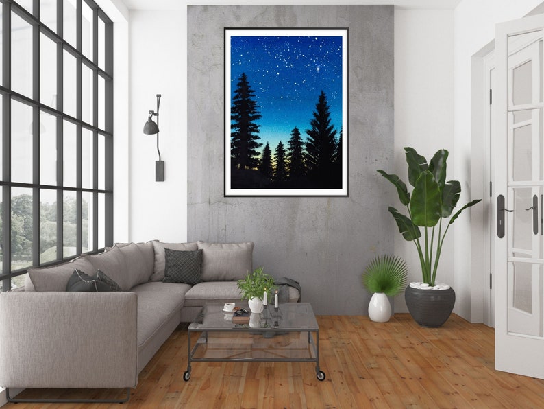 Starry Night Night Sky Print Night Scene Watercolor Print | Etsy