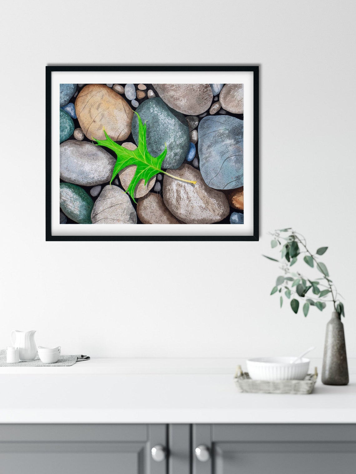 Leaf on Rocks Watercolor Print Realistic Rocks Painting | Etsy