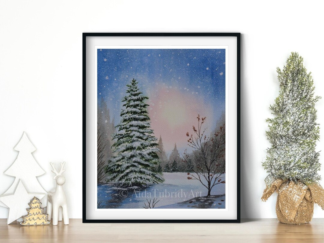 Winter Scene in Watercolor, Christmas Art Decor, Snowy Mountain, Snow ...