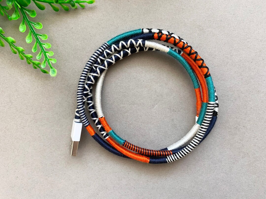 Wrapped Yarn Charger Cable / Handmade Lightning Cable / Multicolor Blue ...