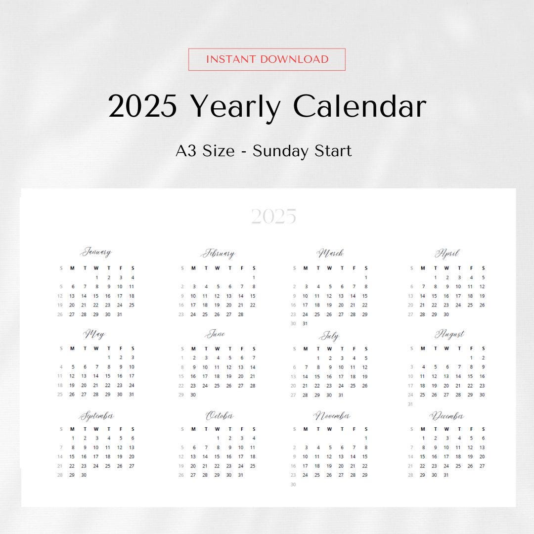 2025 Year Calendar 2025 Wall Calendar Landscape PRINTABLE PDF 2025 ...