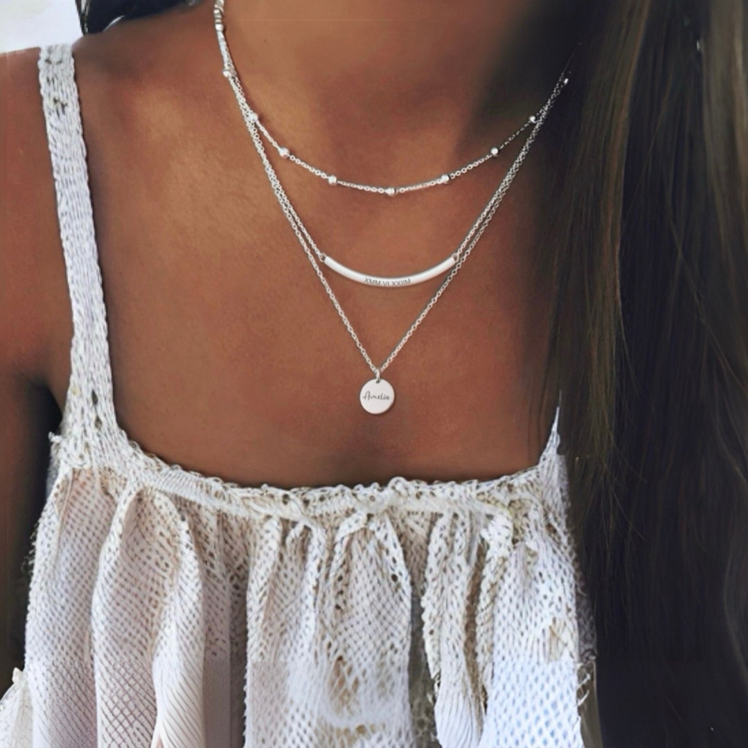 Custom Triple Layer Necklace, Personalised Layering Necklace Set, Multi ...