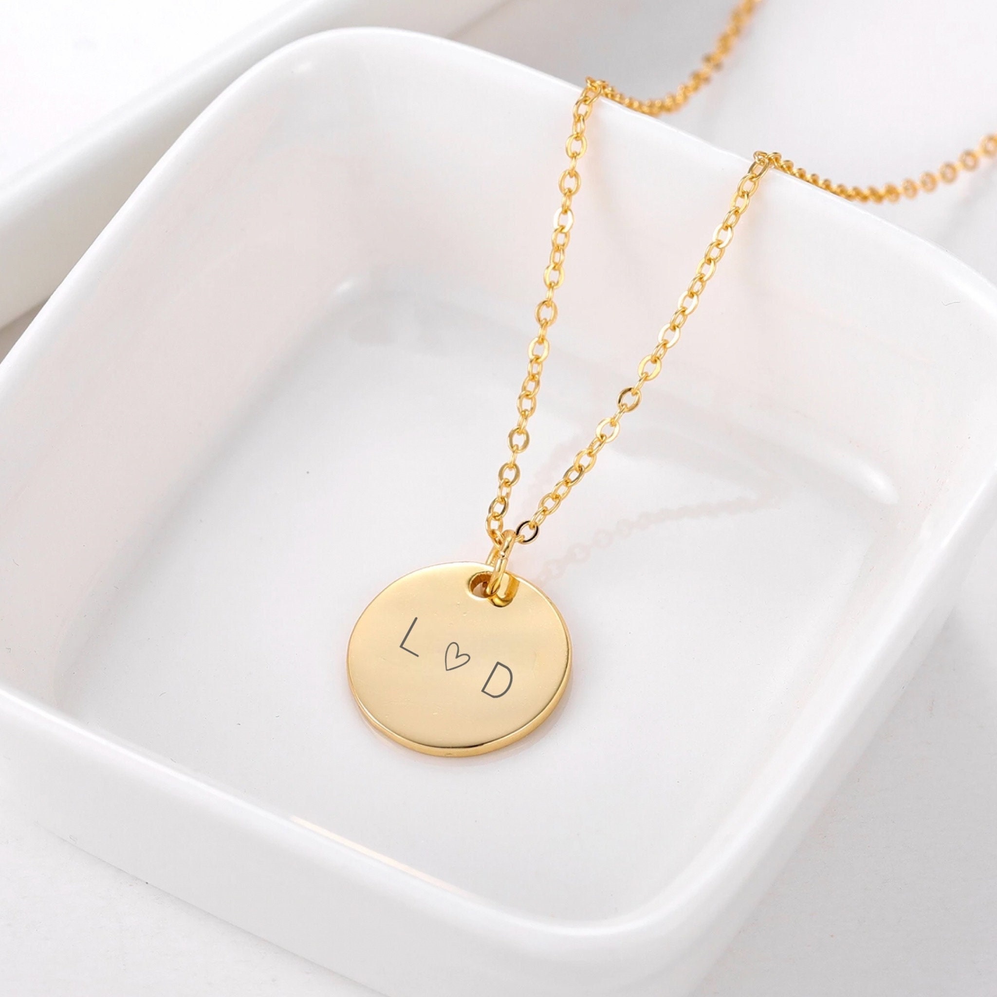 Engraved Letter Necklace Disc Initials Necklace Two Initial - Etsy