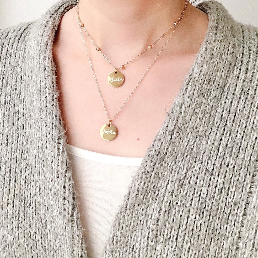 Engraved Disc Necklace, Double Disc Necklace, Layer Necklace With Disc ...