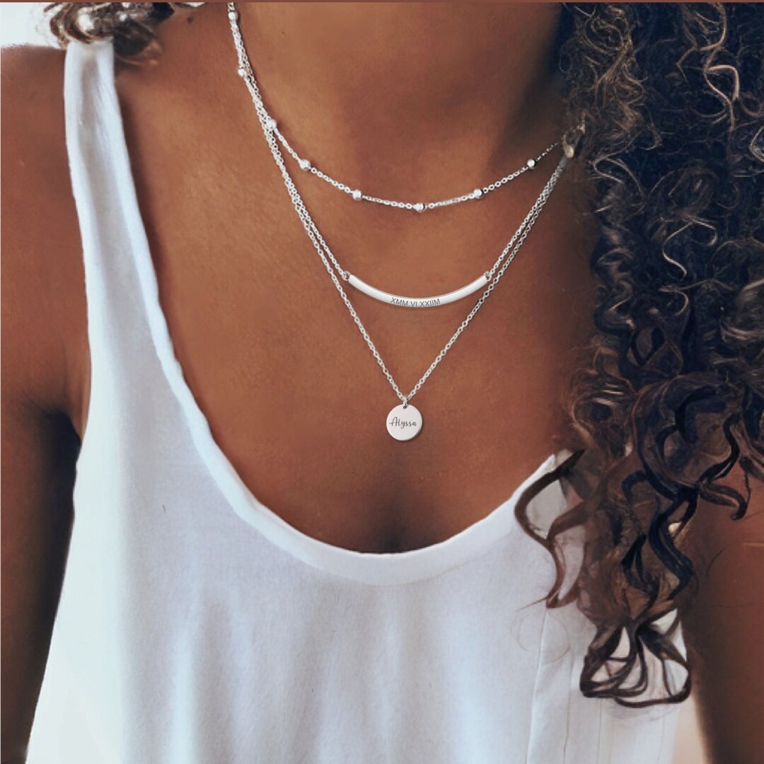 Custom Triple Layering Necklace, Engraved Layer Necklace Set, Multi ...