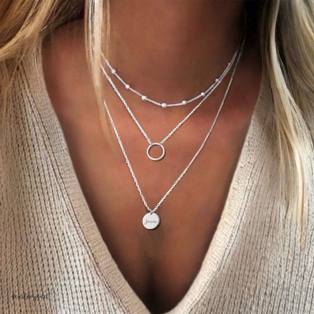 Engraved Triple Layer Necklace, Layered Necklace Set, Multi Layer Disc ...