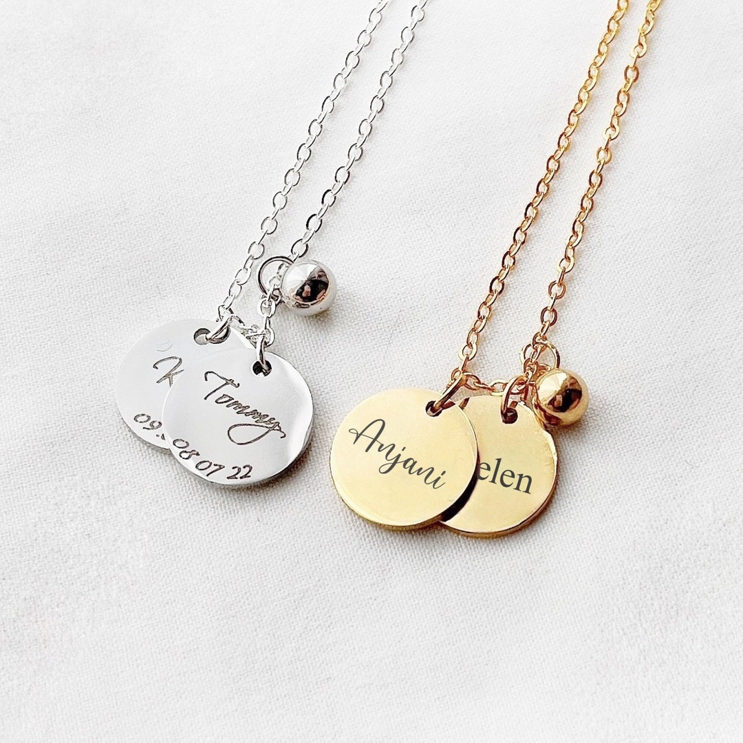 Cute Initial Necklace, Engraved Disc Charm Necklace With Dainty Ball ...