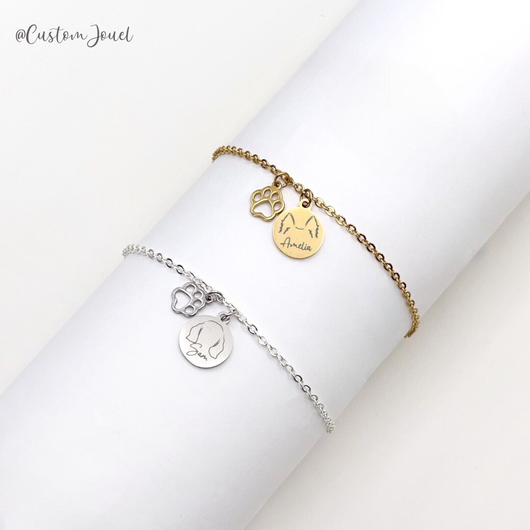 Engraved Dog Disc Bracelet With Paw Charm, Cute Dog Paw Charm Bracelet ...