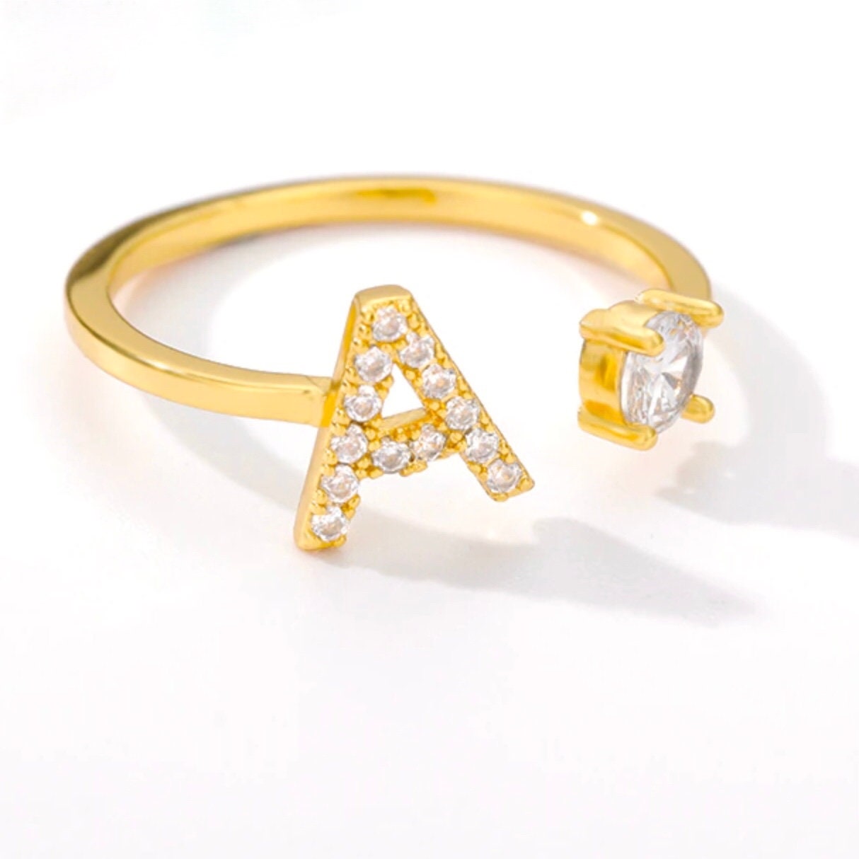 Initial Ring Gold CZ Diamond Ring Letter Crystal Ring - Etsy