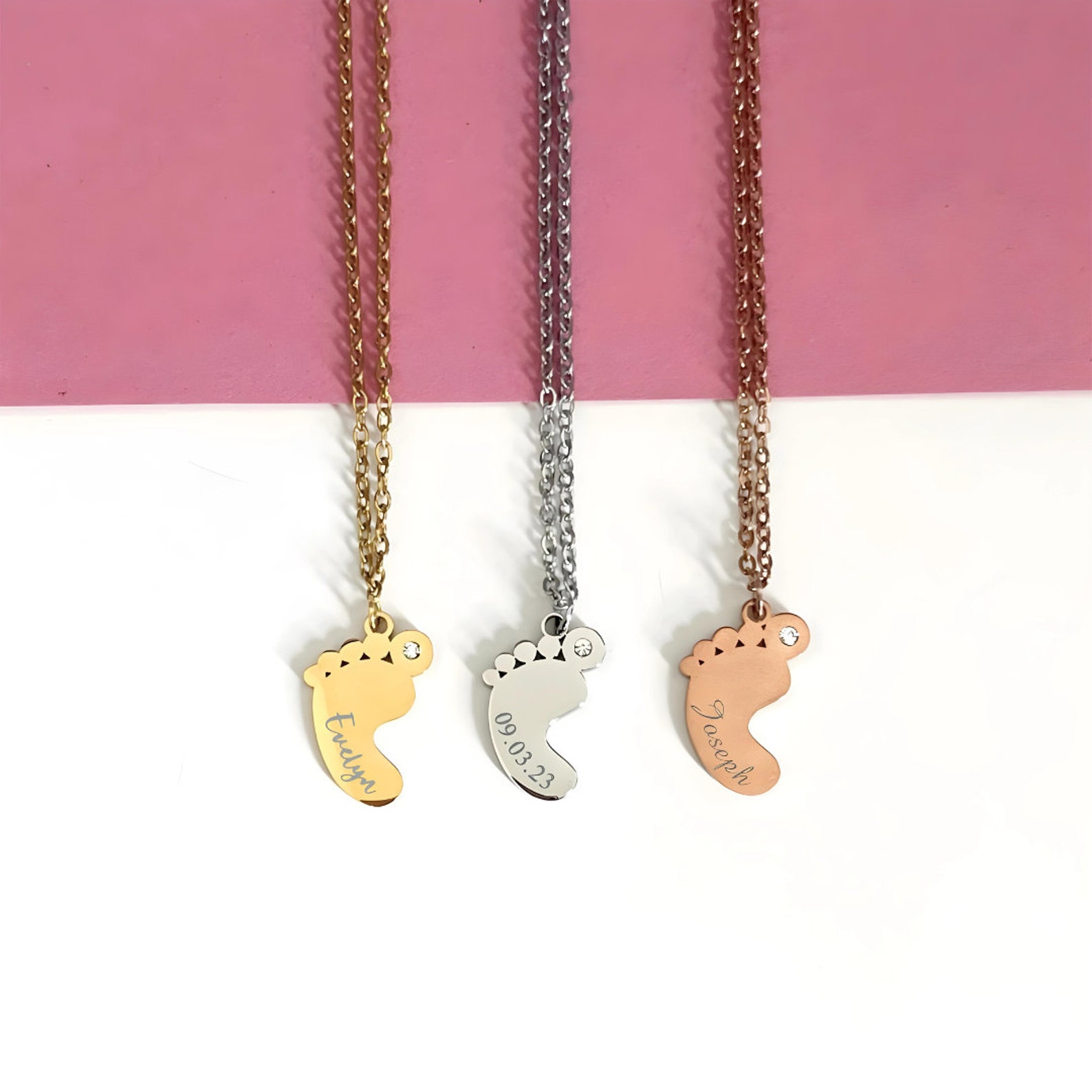 Custom Baby Feet Necklace With Gemstone, Engraved Child Foot Print ...
