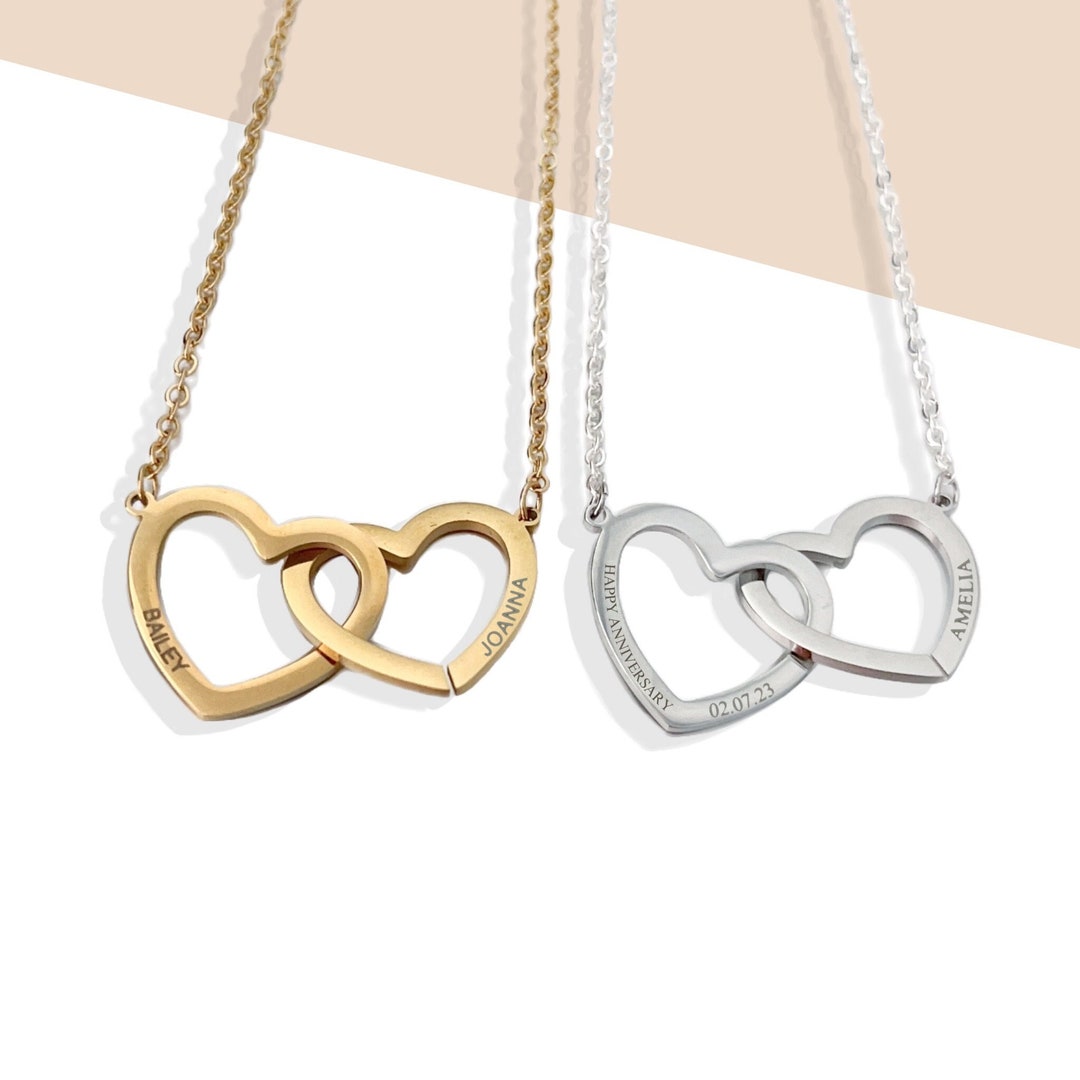 Custom Intertwined Heart Necklace, Engraved Two Interlocking Hearts ...
