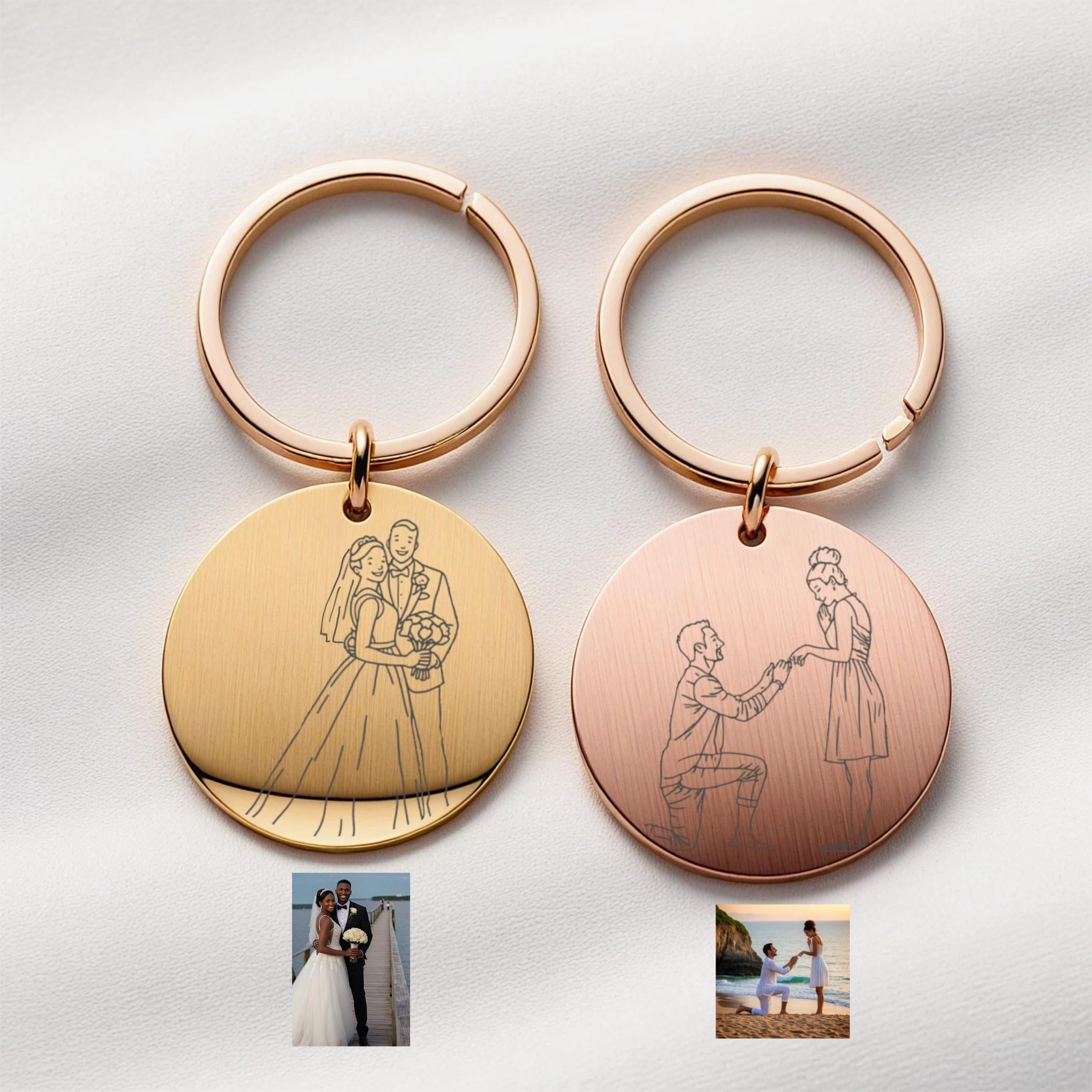 Custom Picture Keyring, Hand Drawn Photo Key Tag, Engraved Cartoon ...