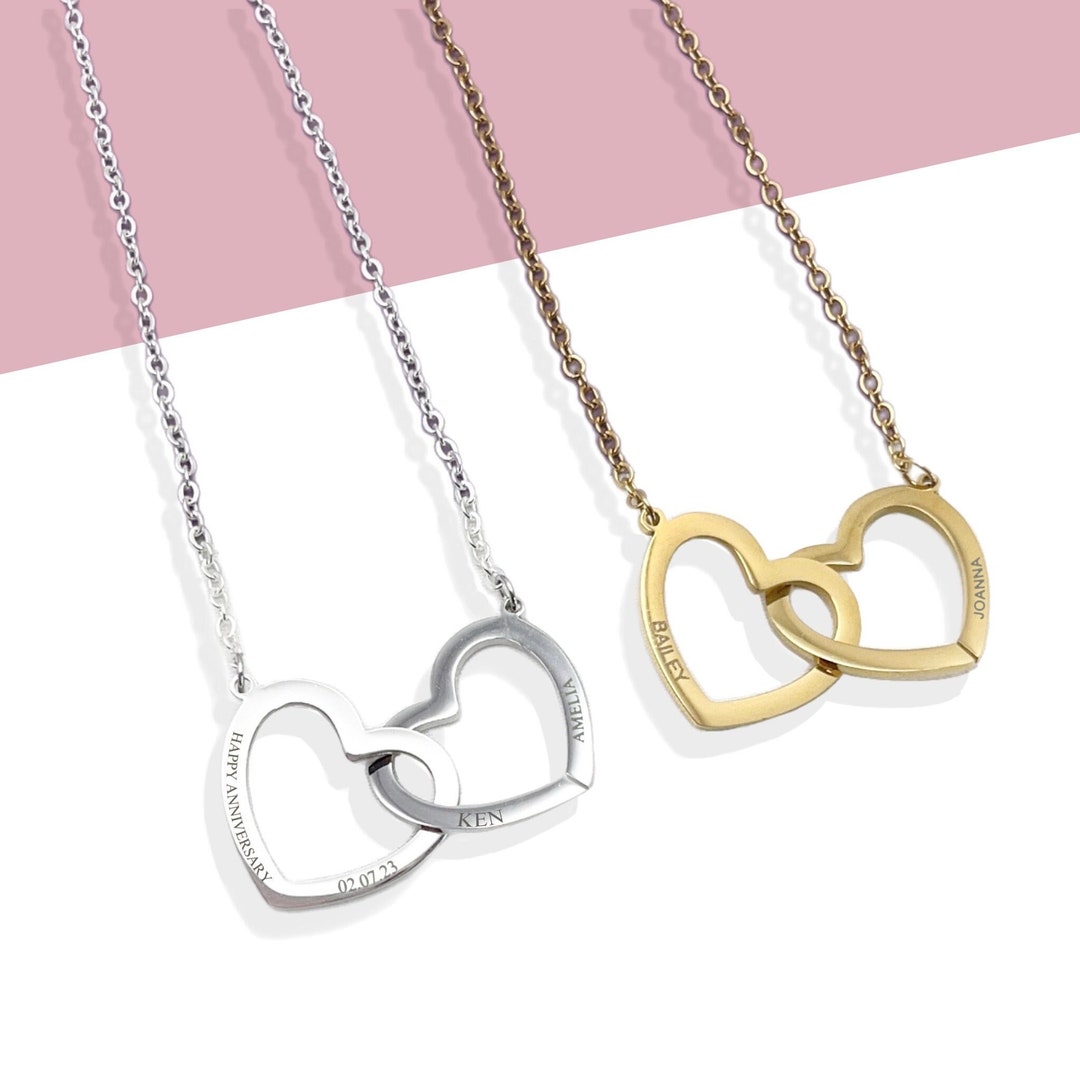 Custom Linked Heart Name Necklace, Double Two Interlocked Hearts ...